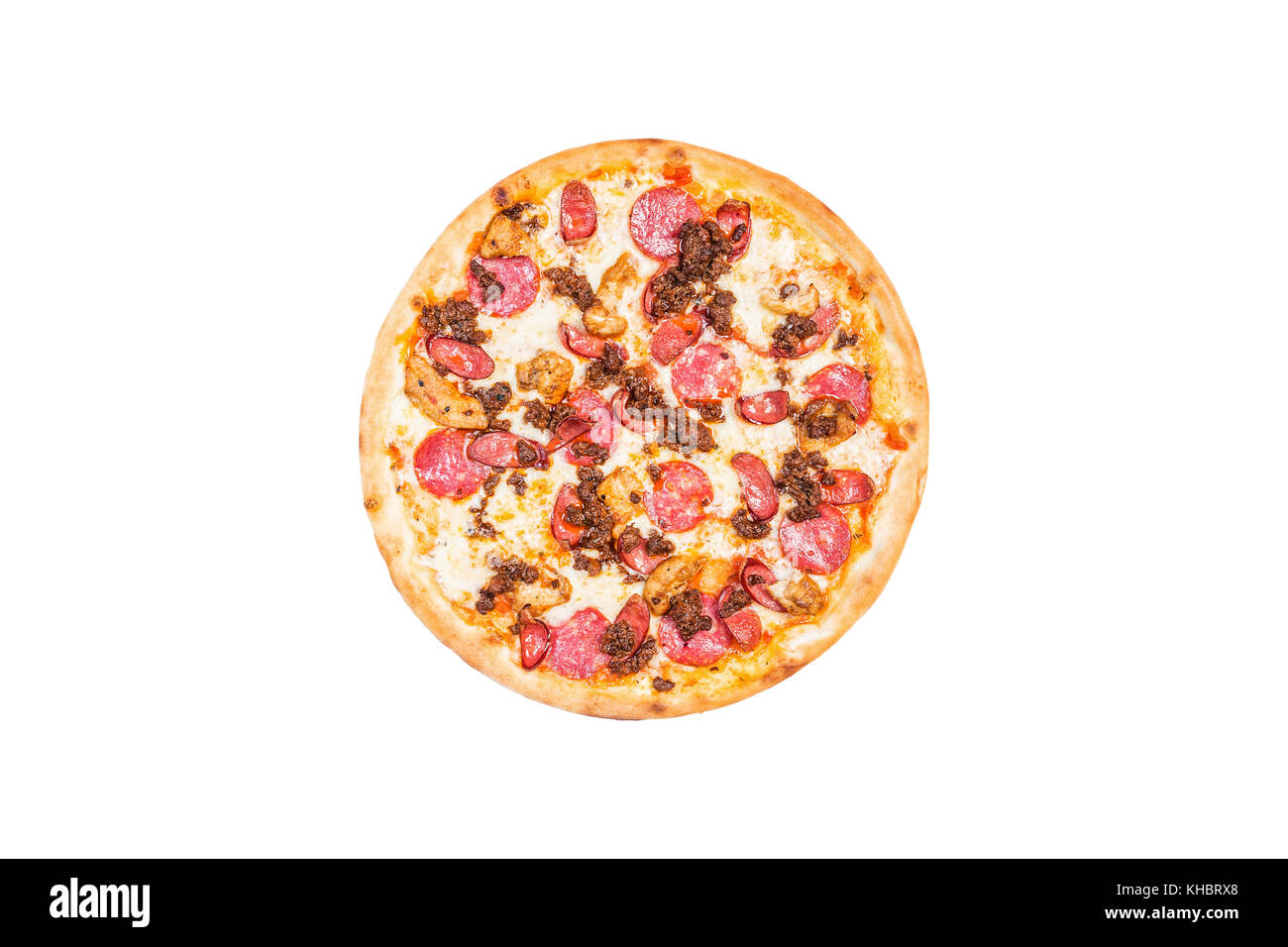 Delicious pizza meat mix with smoked sausage, chicken, minced meat, and ...