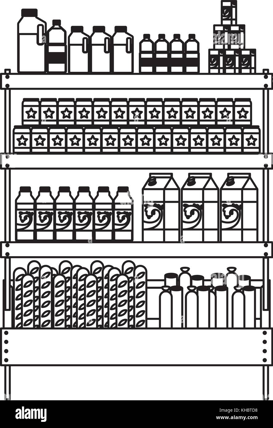 supermarket shelf with foods and beverages in monochrome silhouette ...