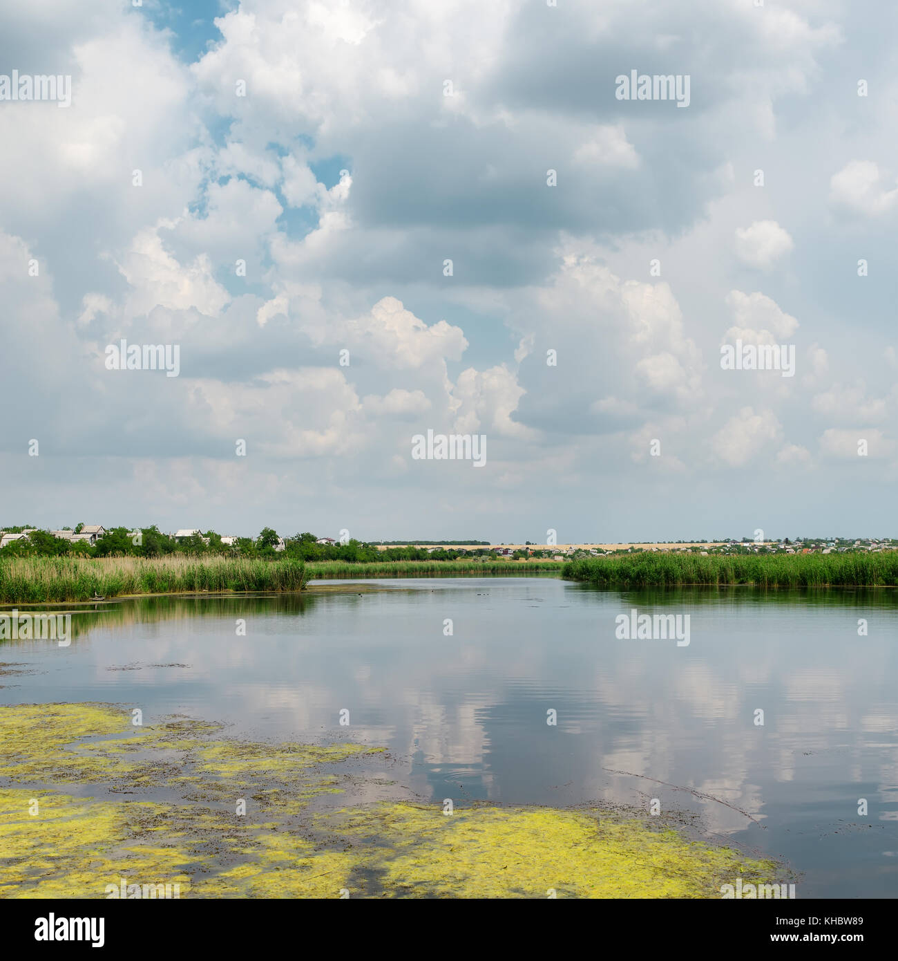 low clouds over river. rain before Stock Photo - Alamy