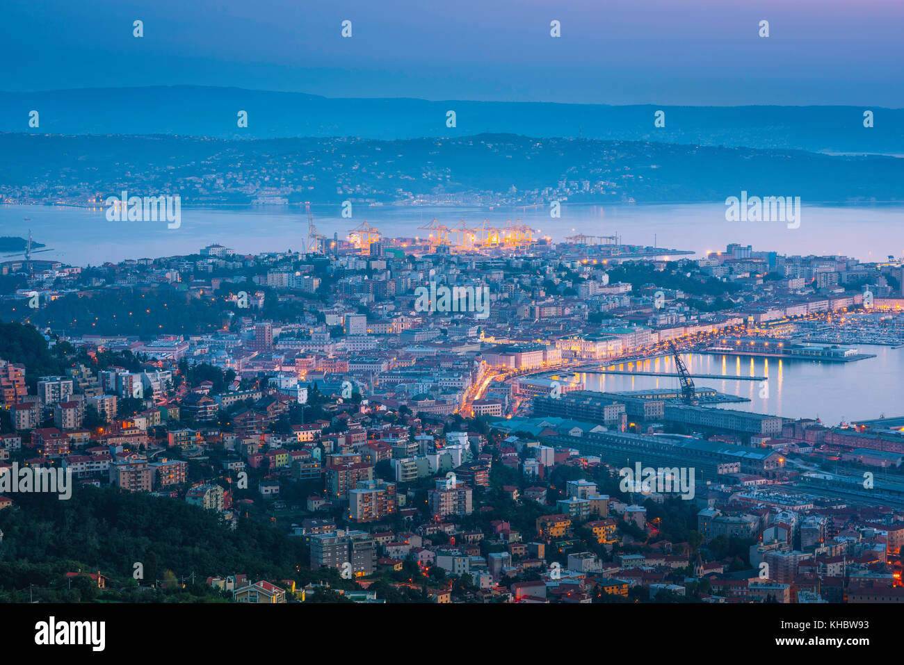 Trieste cityscape, aerial view of the harbor, port and city center of ...