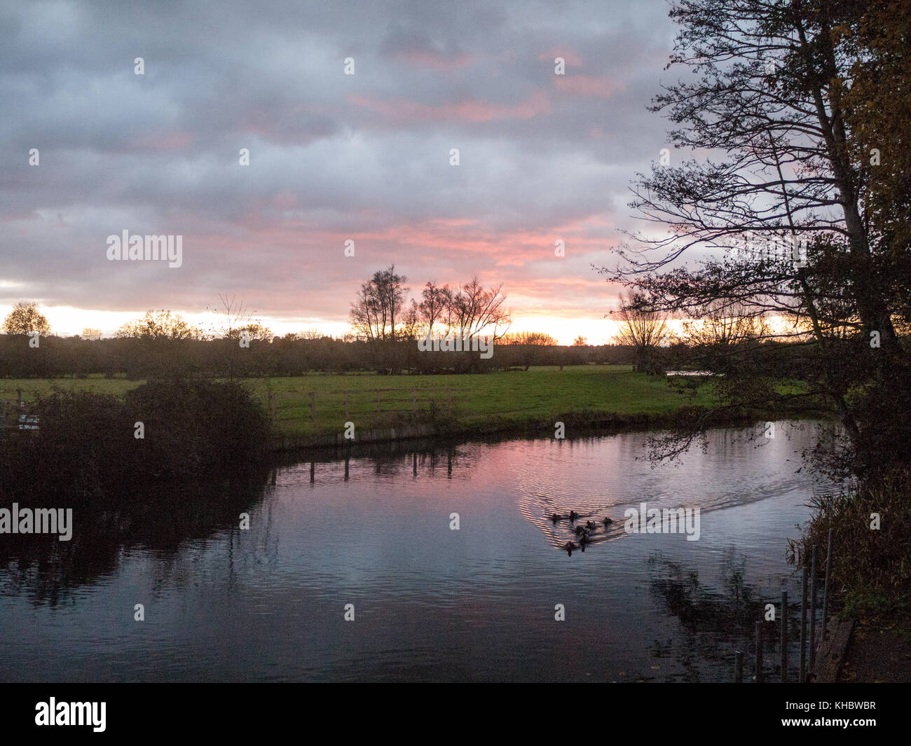 beautiful river autumn sun set scene outside country plain landscape ...