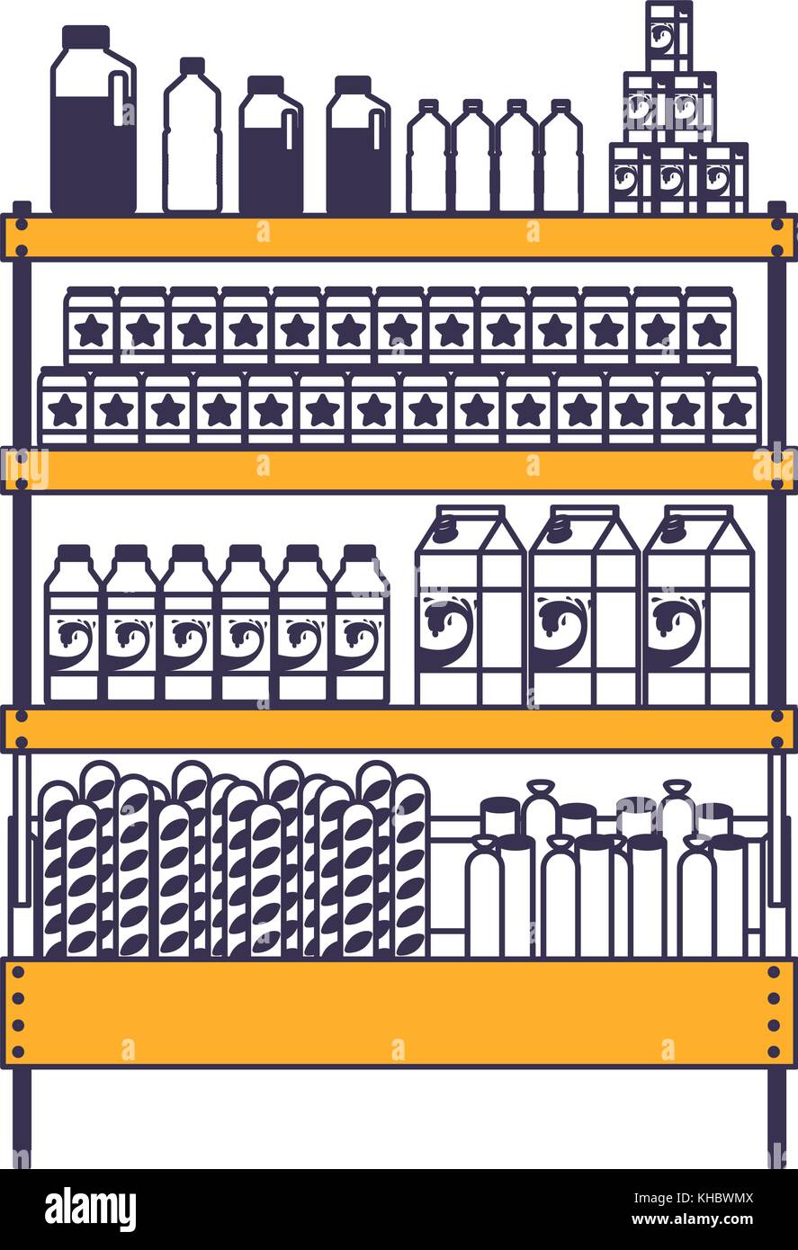 supermarket shelf with foods and beverages in color sections silhouette ...