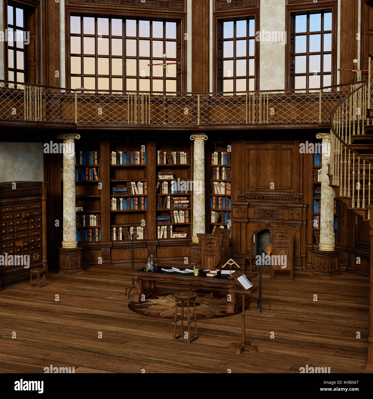 3D rendering of an antique library interior with lots of books and a ...