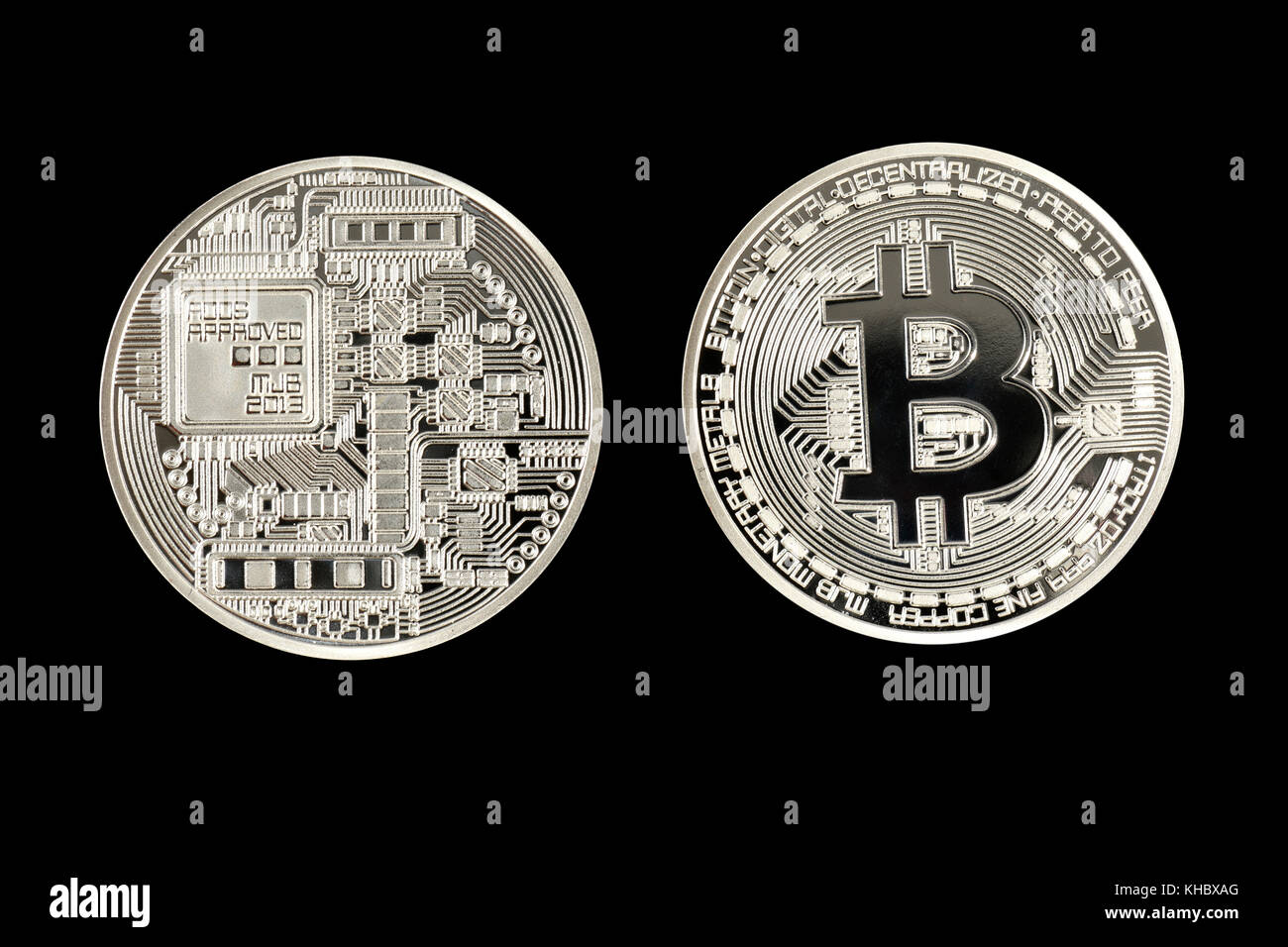 Symbol image digital currency, silver physical coin Bitcoin front side ...