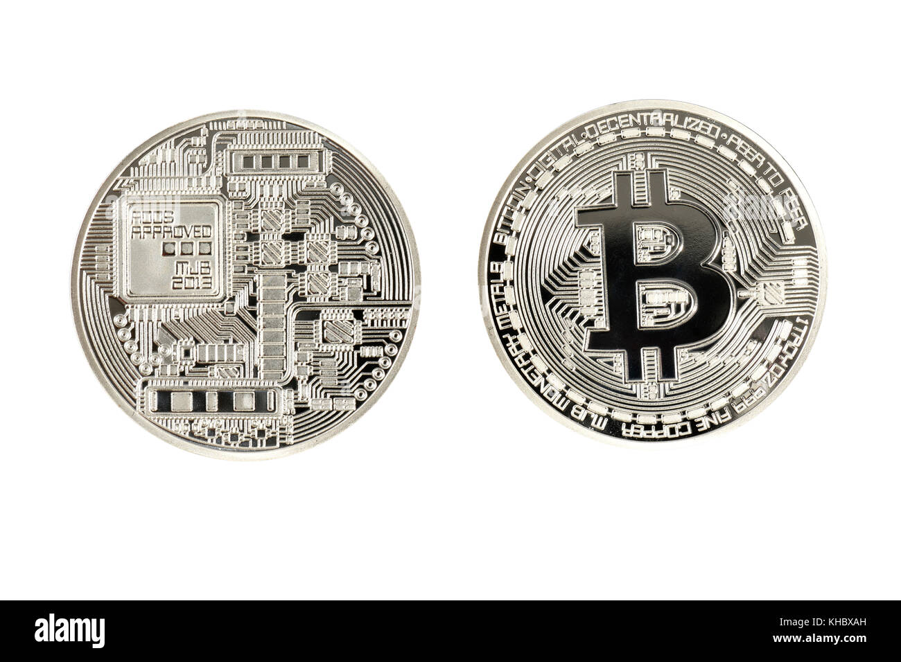 Symbol image digital currency, silver physical coin Bitcoin front side ...