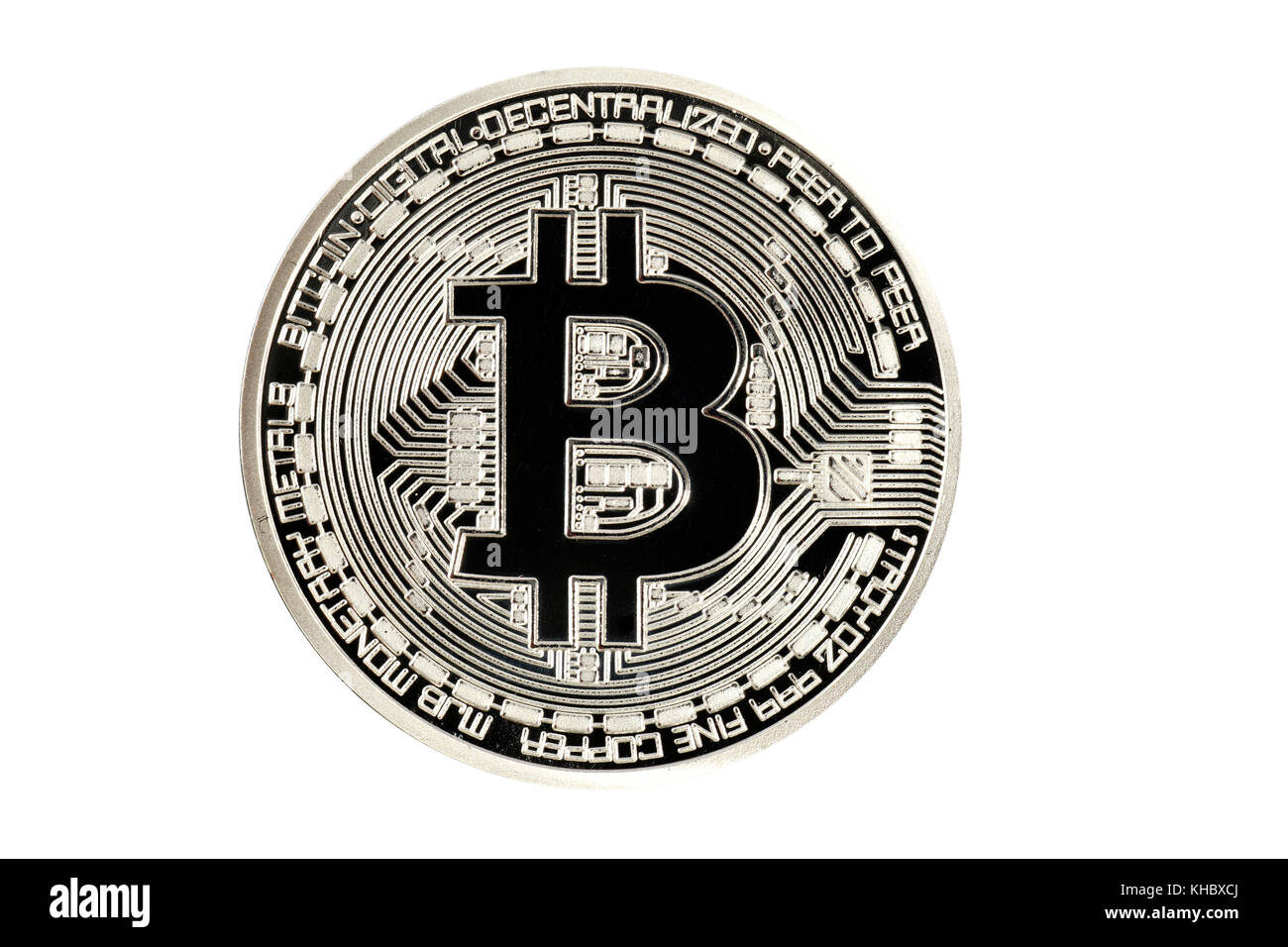 Symbol image digital currency, silver physical coin Bitcoin Stock Photo ...