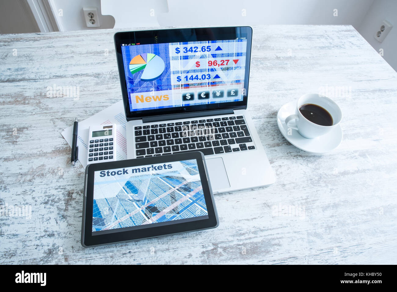 Stock market calculations with a calculator and research software on a ...