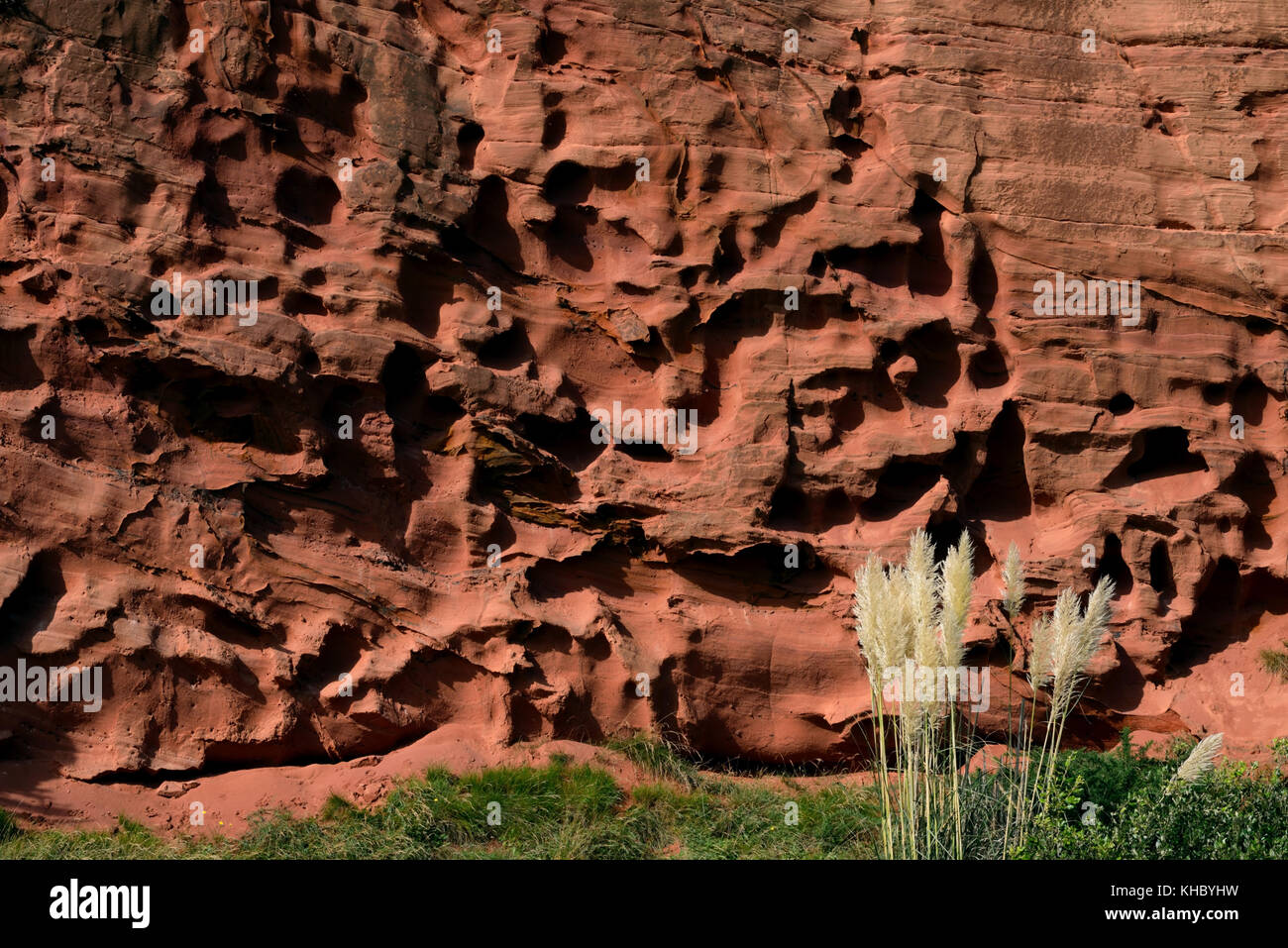Red sandstone cliffs beside the railway and sea wall at Dawlish Stock ...