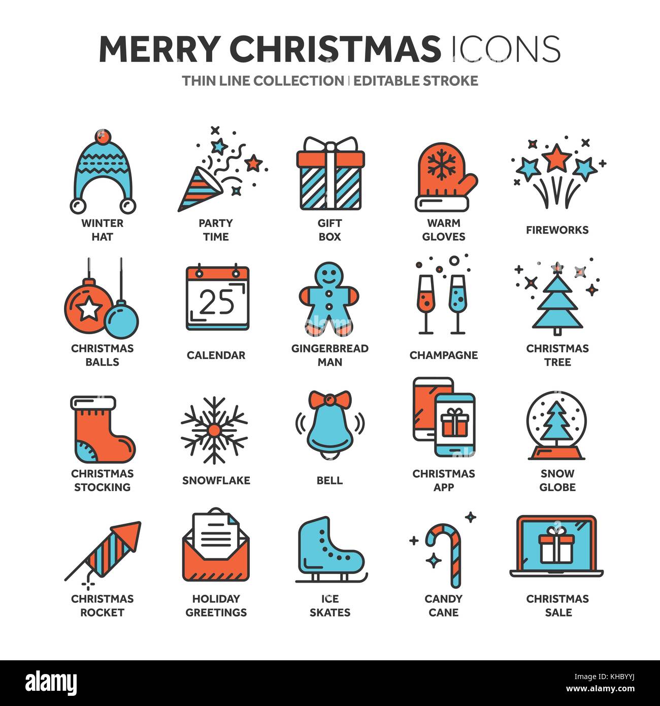 Christmas and New Year. Winter holidays. Santa. December. Thin line web ...