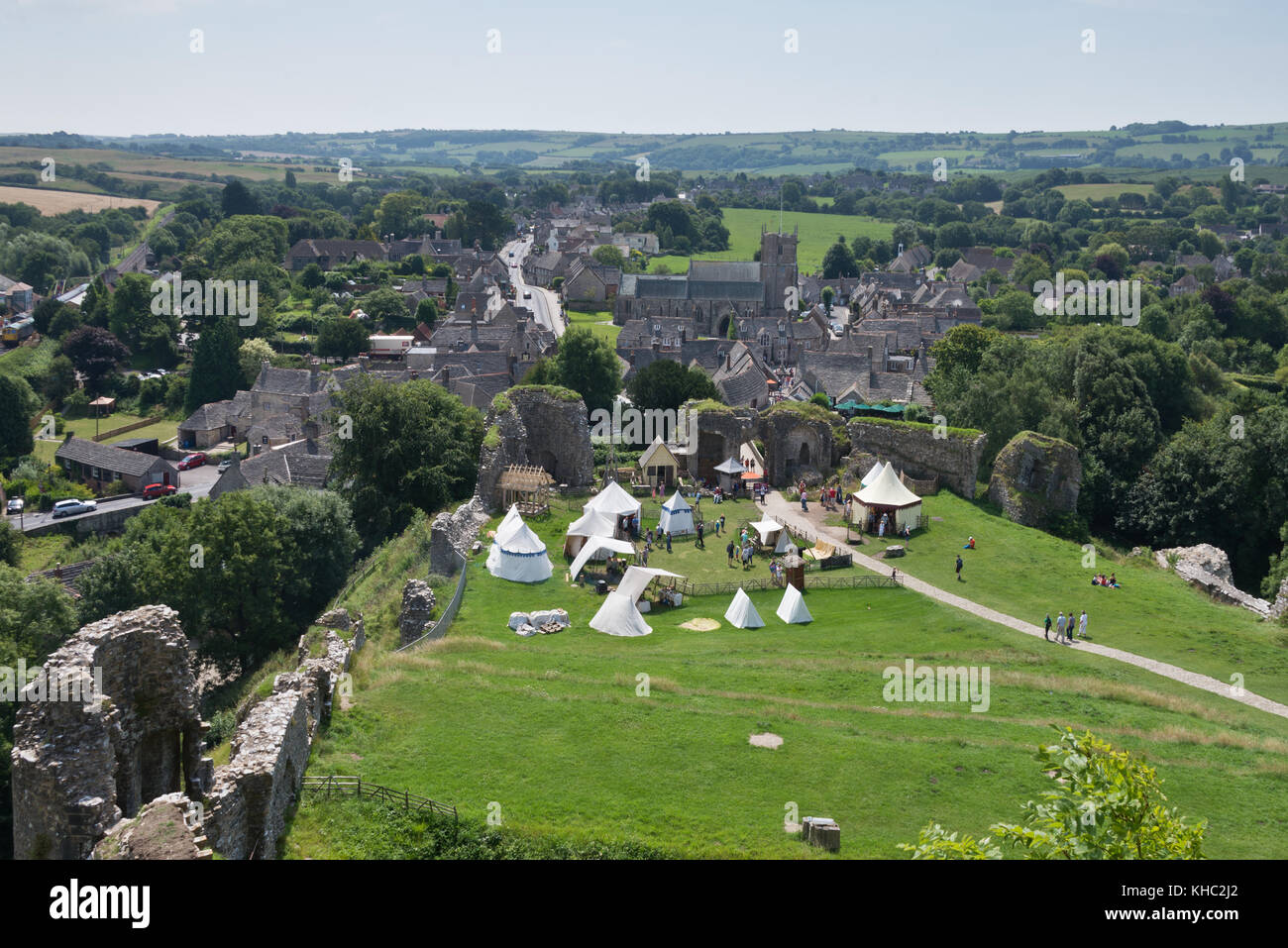 View from the remains of the ancient keep of Corfe Castle looking down ...