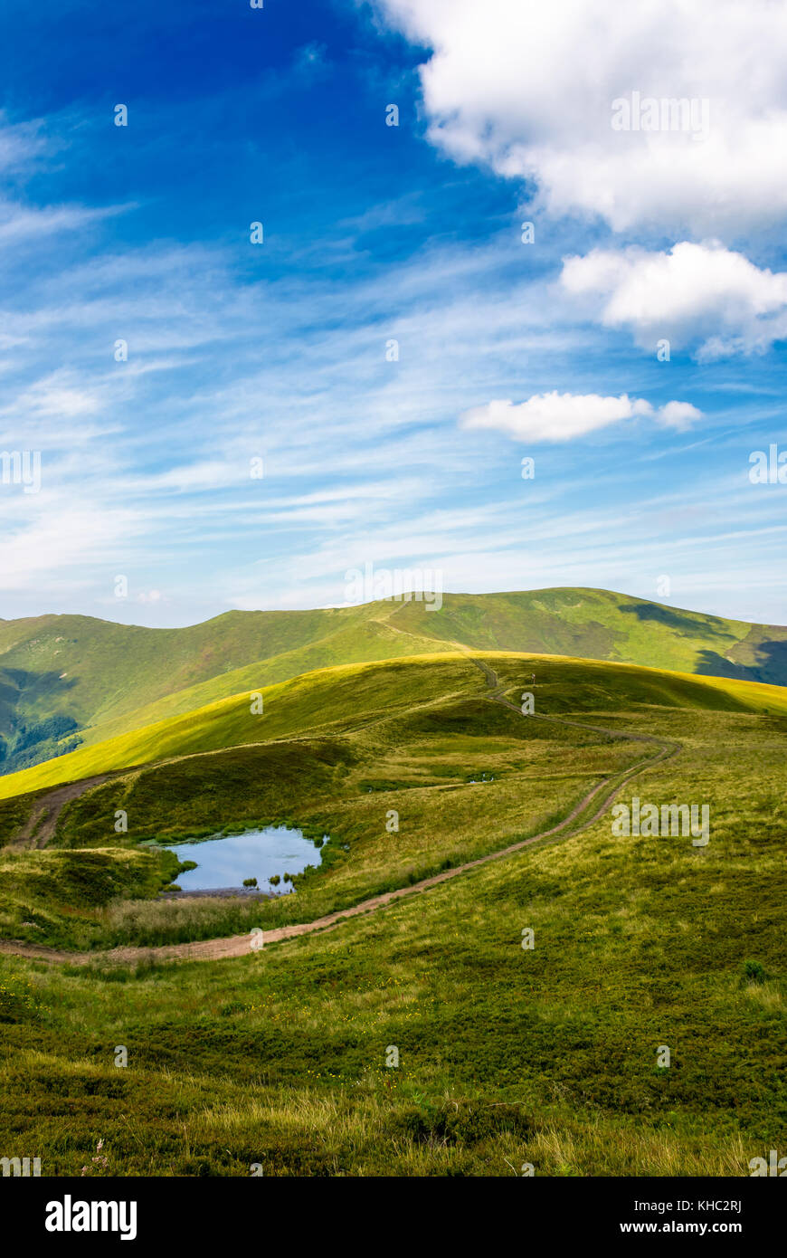 little pond on top of mountain ridge. gorgeous summer landscape with ...