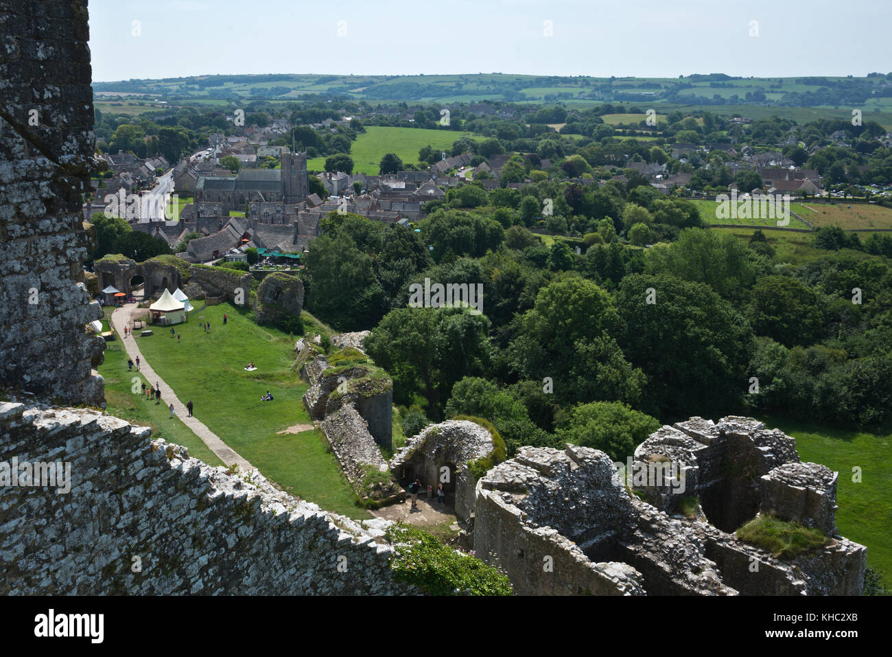 View from the remains of the ancient keep of Corfe Castle looking down ...