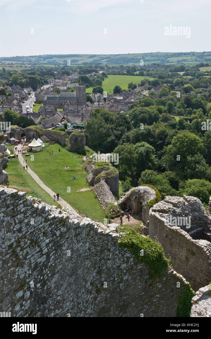 View from the remains of the ancient keep of Corfe Castle looking down ...