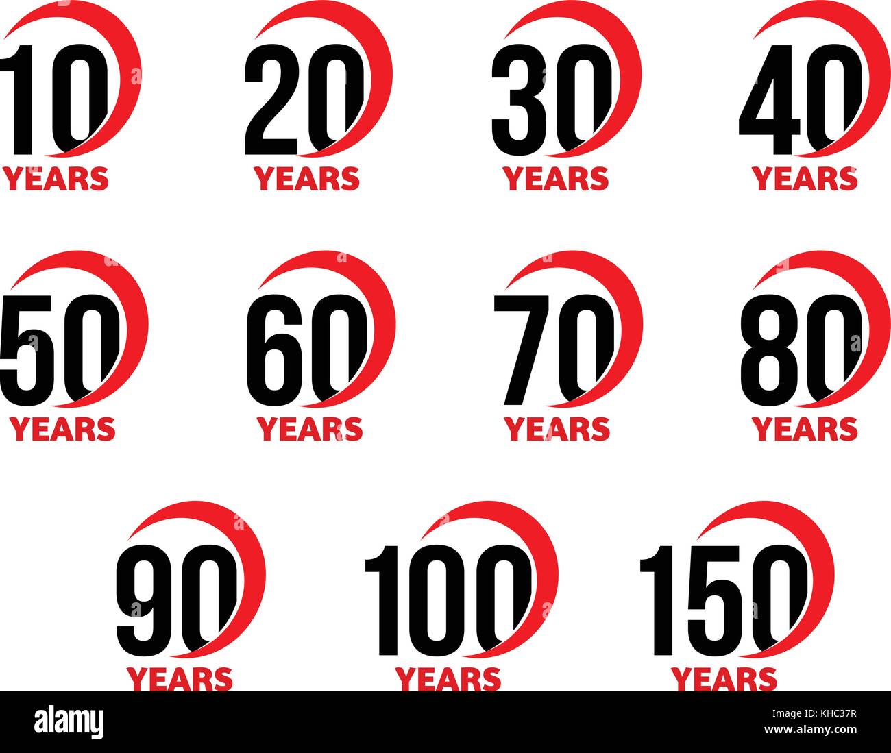 Anniversary sign set, black numbers with red abstract arc ribbon ...