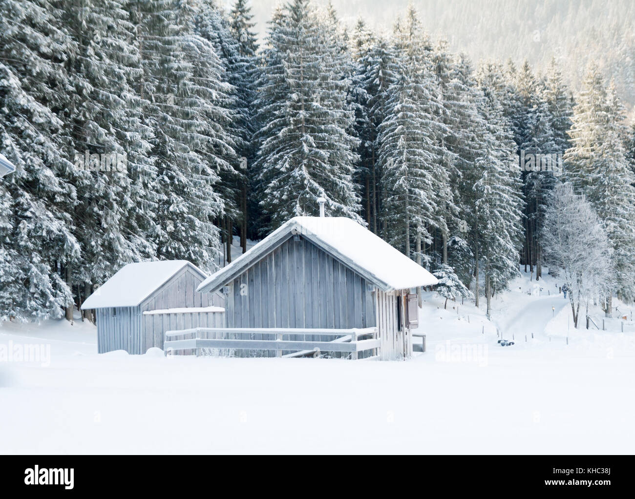 wood hut in winter snow landscape Stock Photo - Alamy