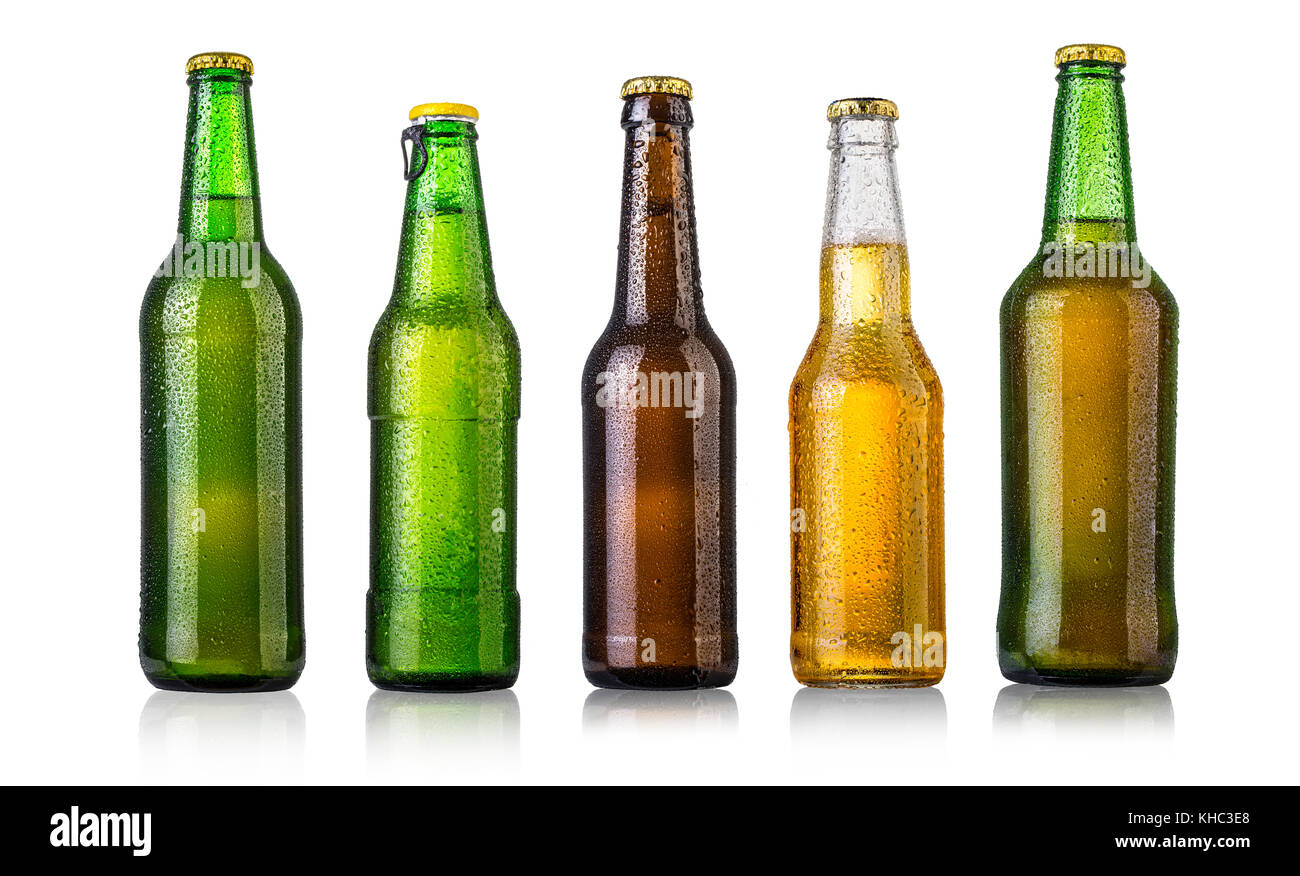 set of Beer bottles with water drops on white background.Five separate ...