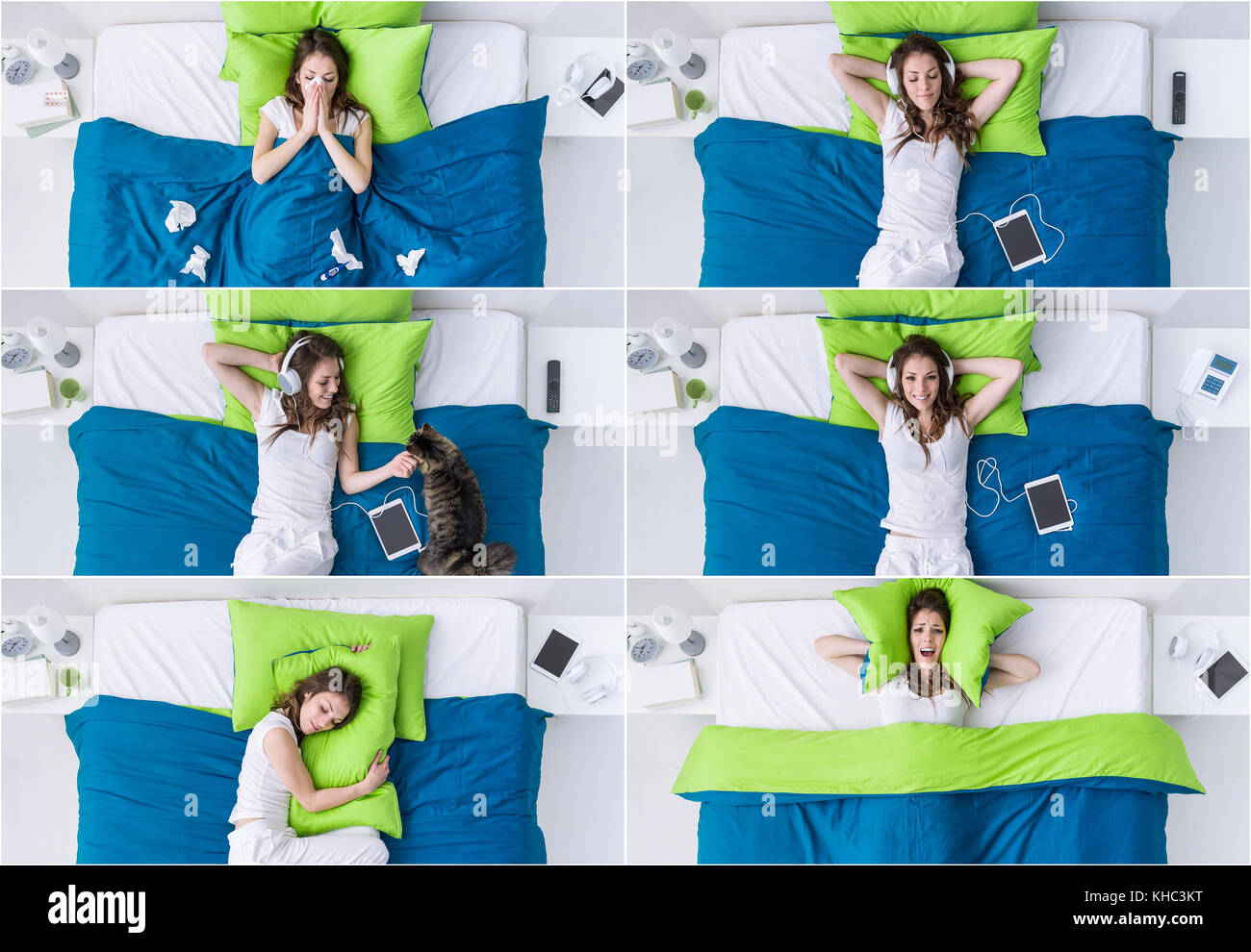 Woman in the bedroom lifestyle set, she is sleeping, listening to music ...