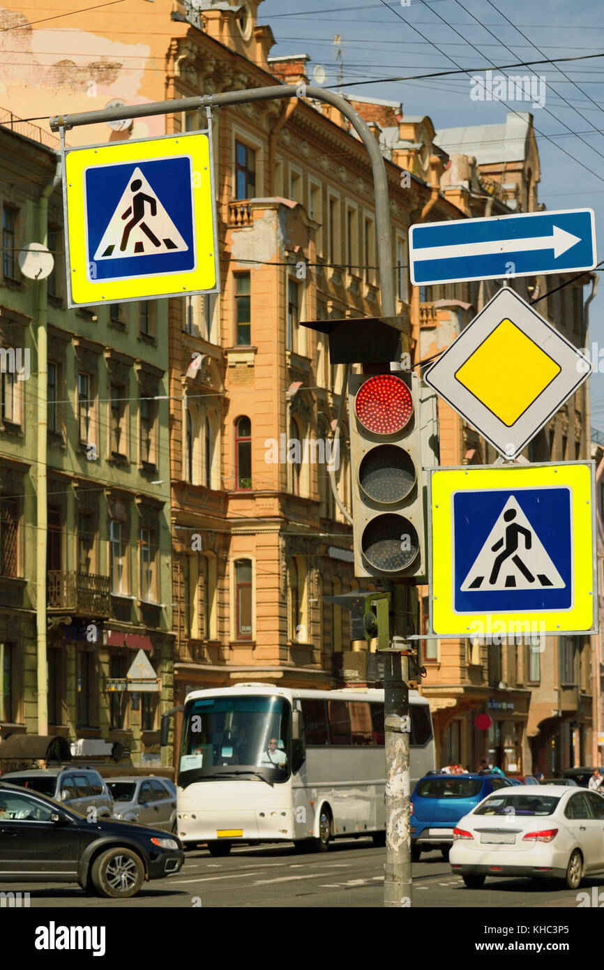 On the streets of busy traffic.Road signs regulate traffic rules Stock ...