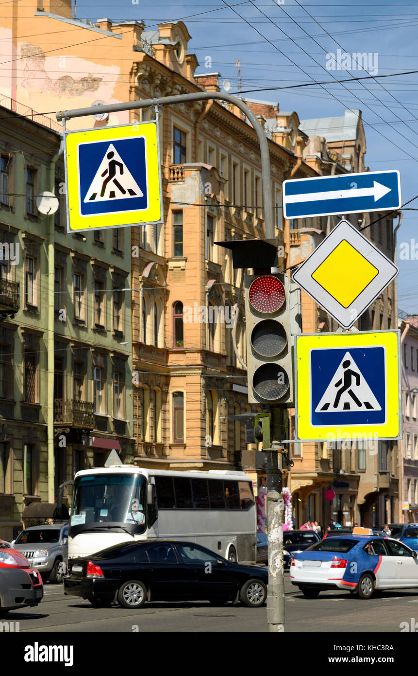 On the streets of busy traffic.Road signs regulate traffic rules Stock ...