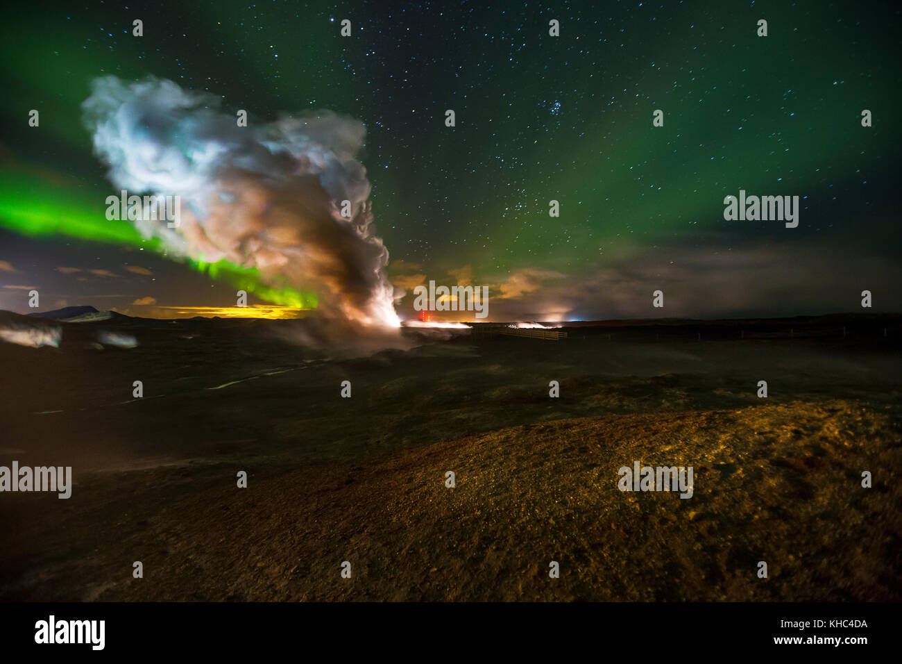 Northern lights over Gunnuhver, a geothermal geyser in Reykjanes ...