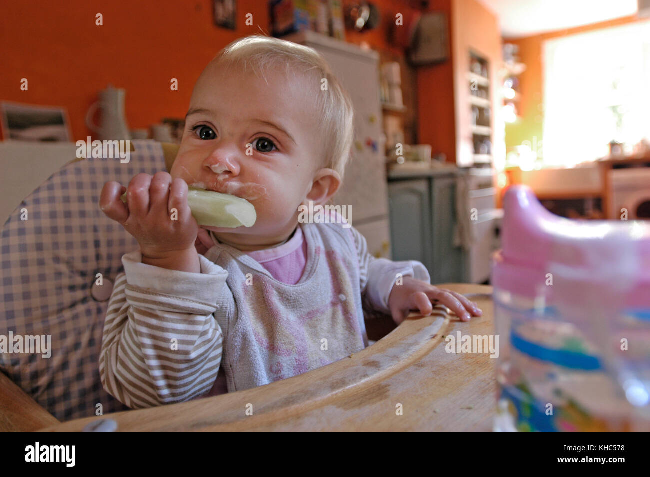 A baby eating at a high chair Stock Photo - Alamy