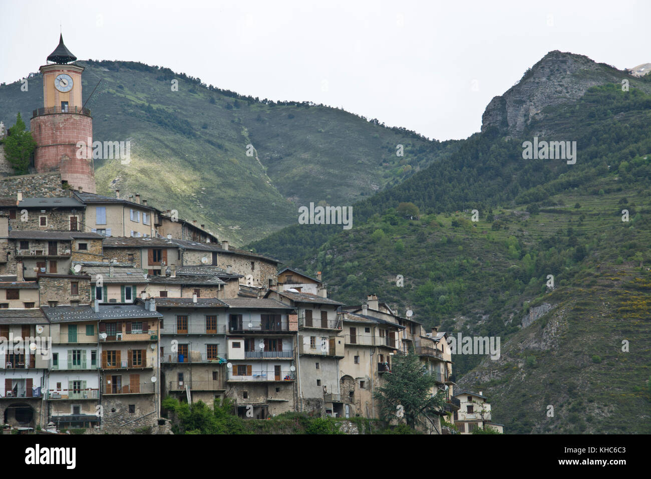 Clock tower above French mountain village Tende *** Local Caption ...
