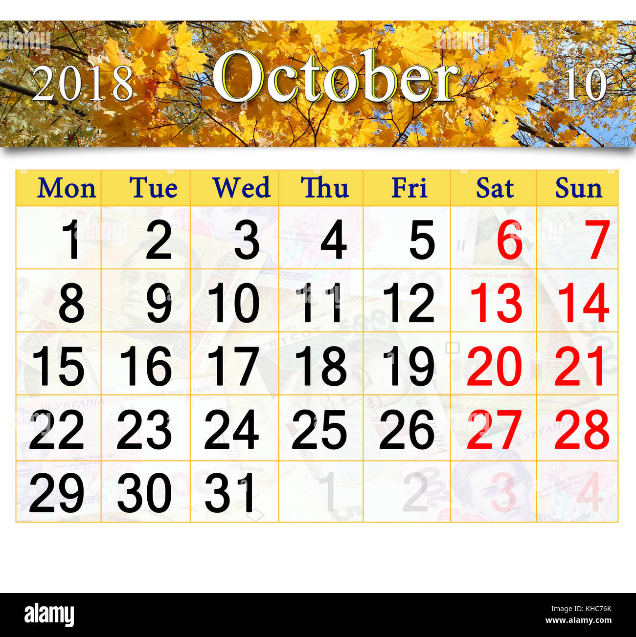 calendar for October 2018 with yellow leaves Stock Photo - Alamy