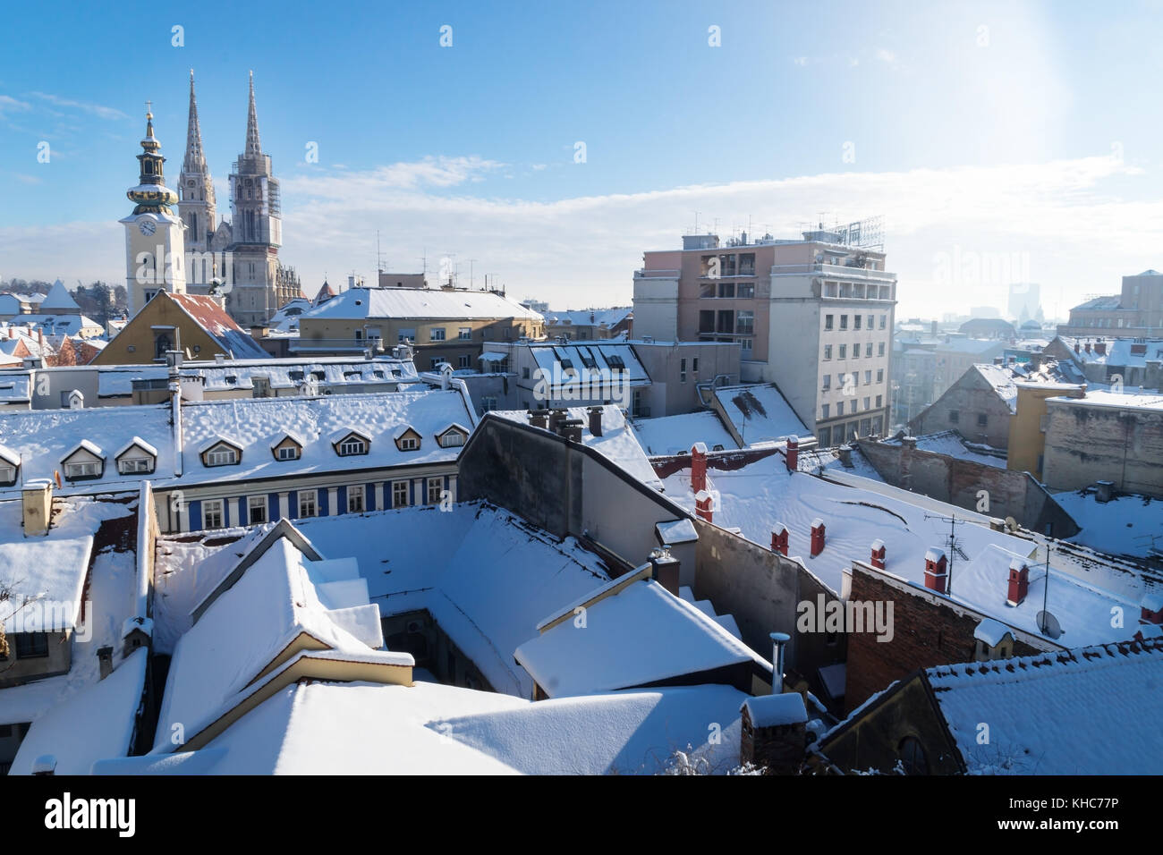 View over Zagreb during winter with snow with view to towers of church ...