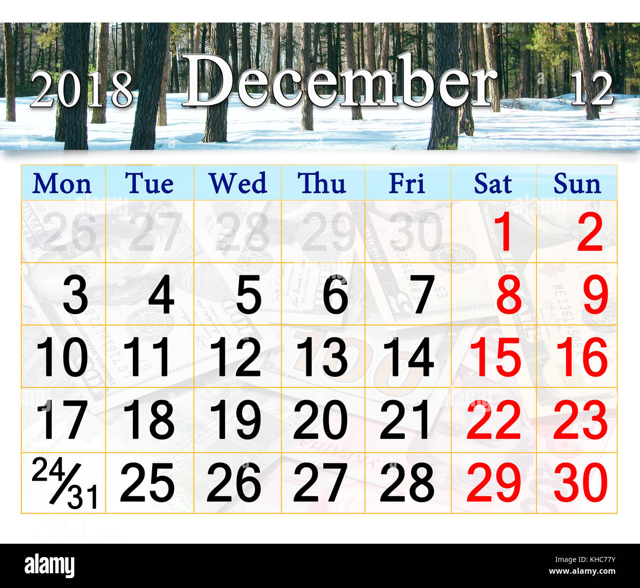 beautiful calendar for December 2018 with the ribbon of winter forest ...