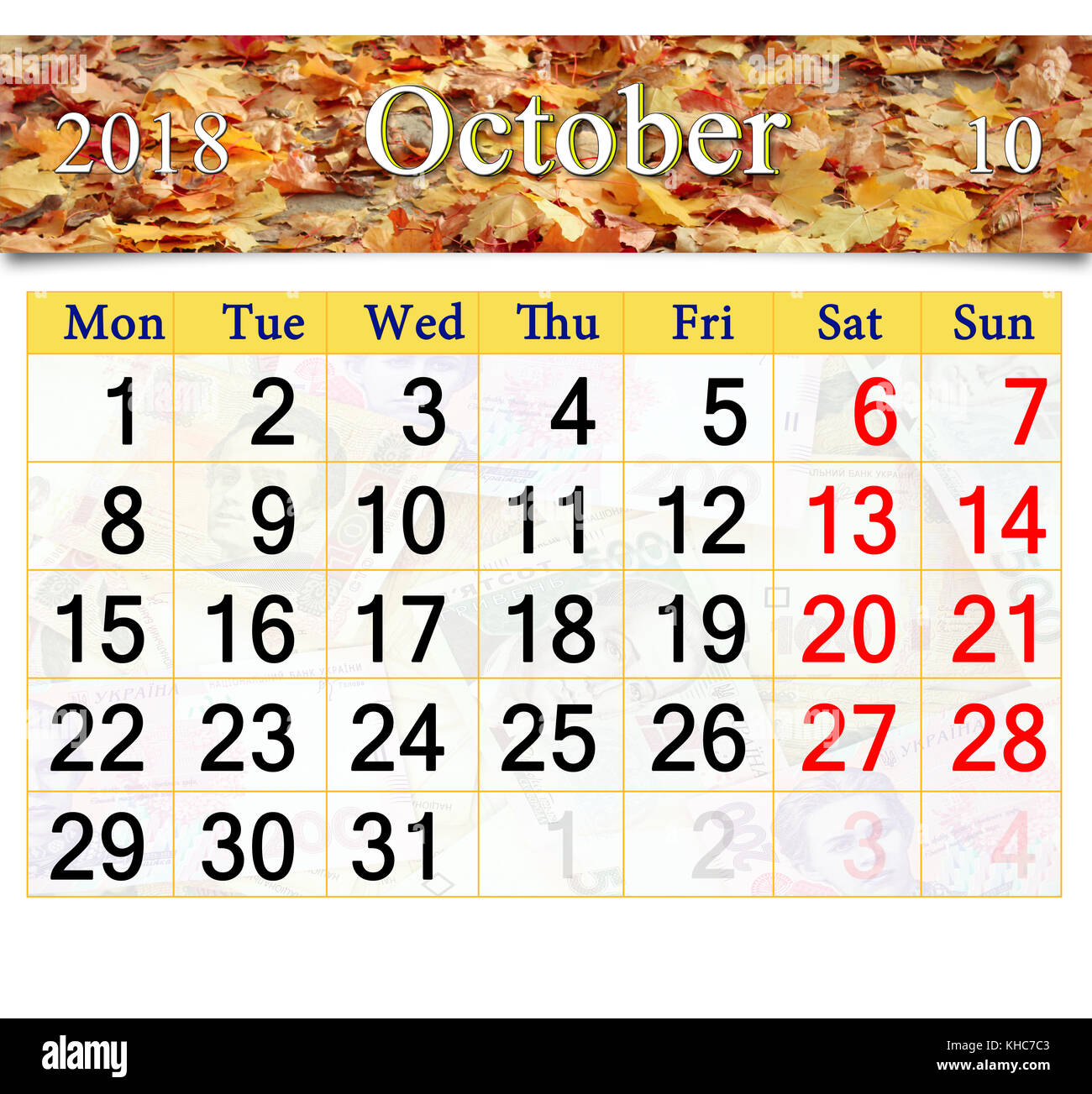 calendar for October 2018 with yellow leaves Stock Photo - Alamy