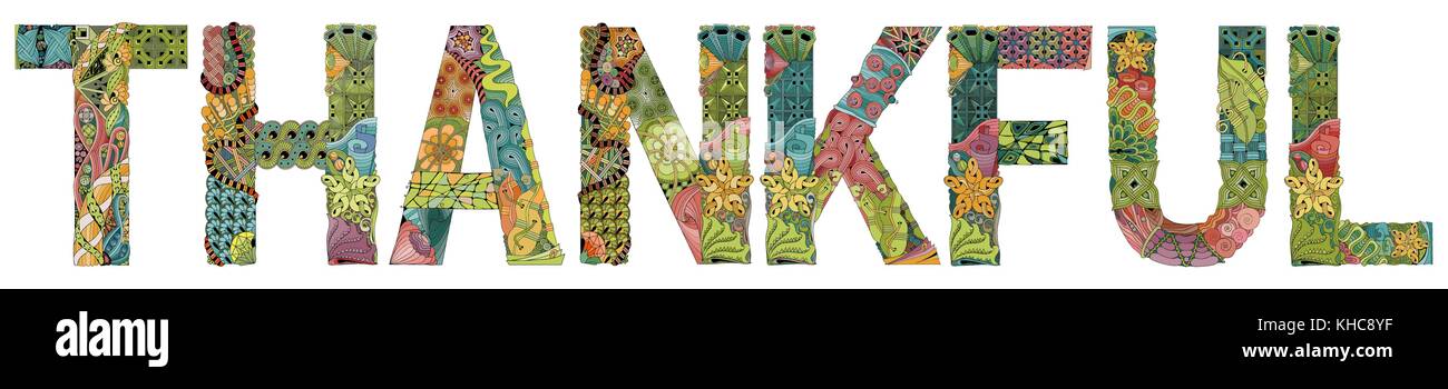 Word THANKFUL with falling leaves. Vector decorative zentangle object ...