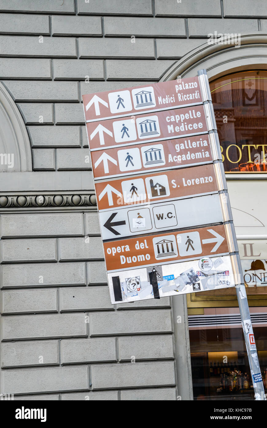 Florence, Italy - October 31st, 2017: Street signs to popular tourist ...