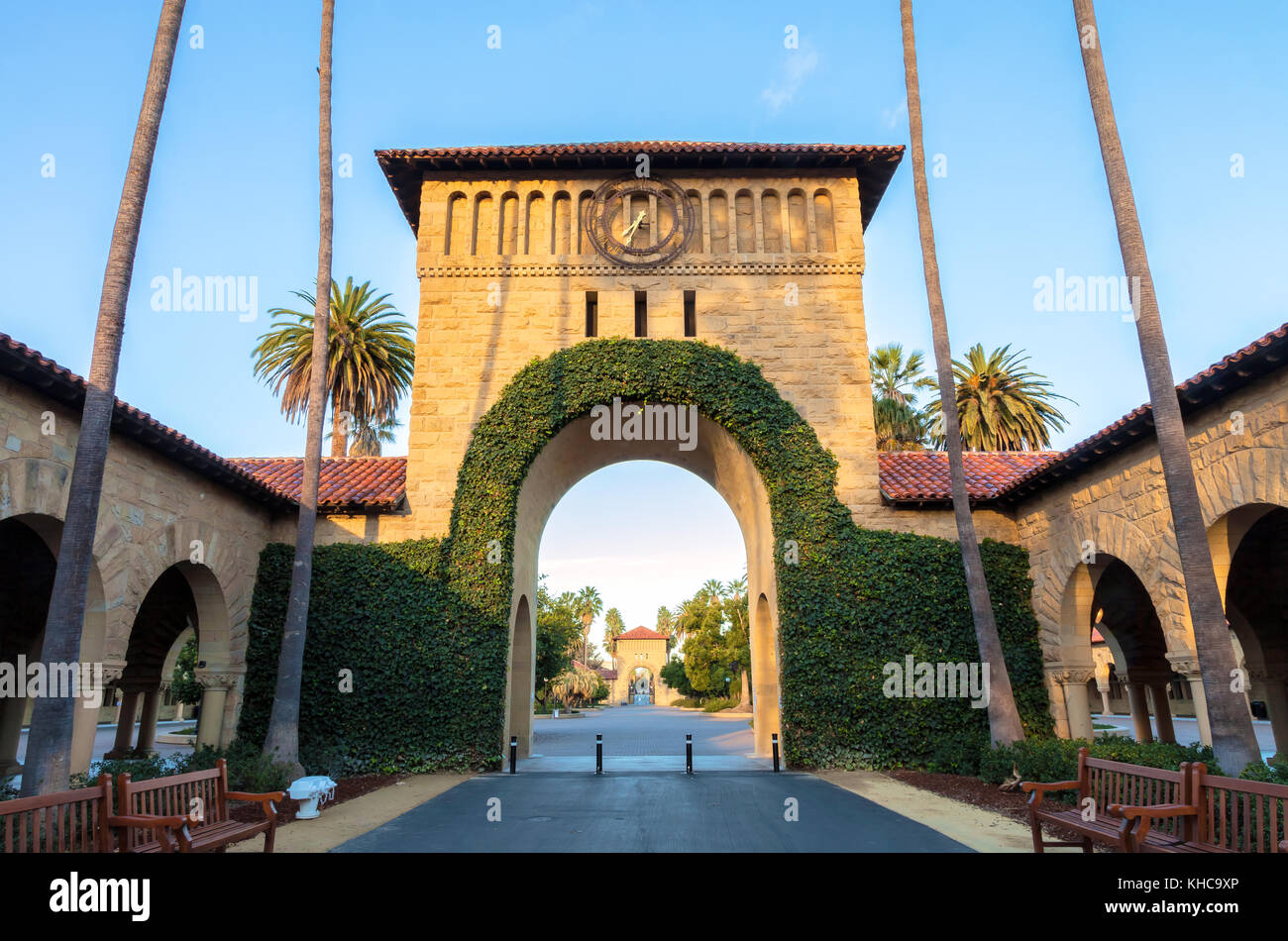 Morning sunlight reflected on the arch tower, and the architectural ...