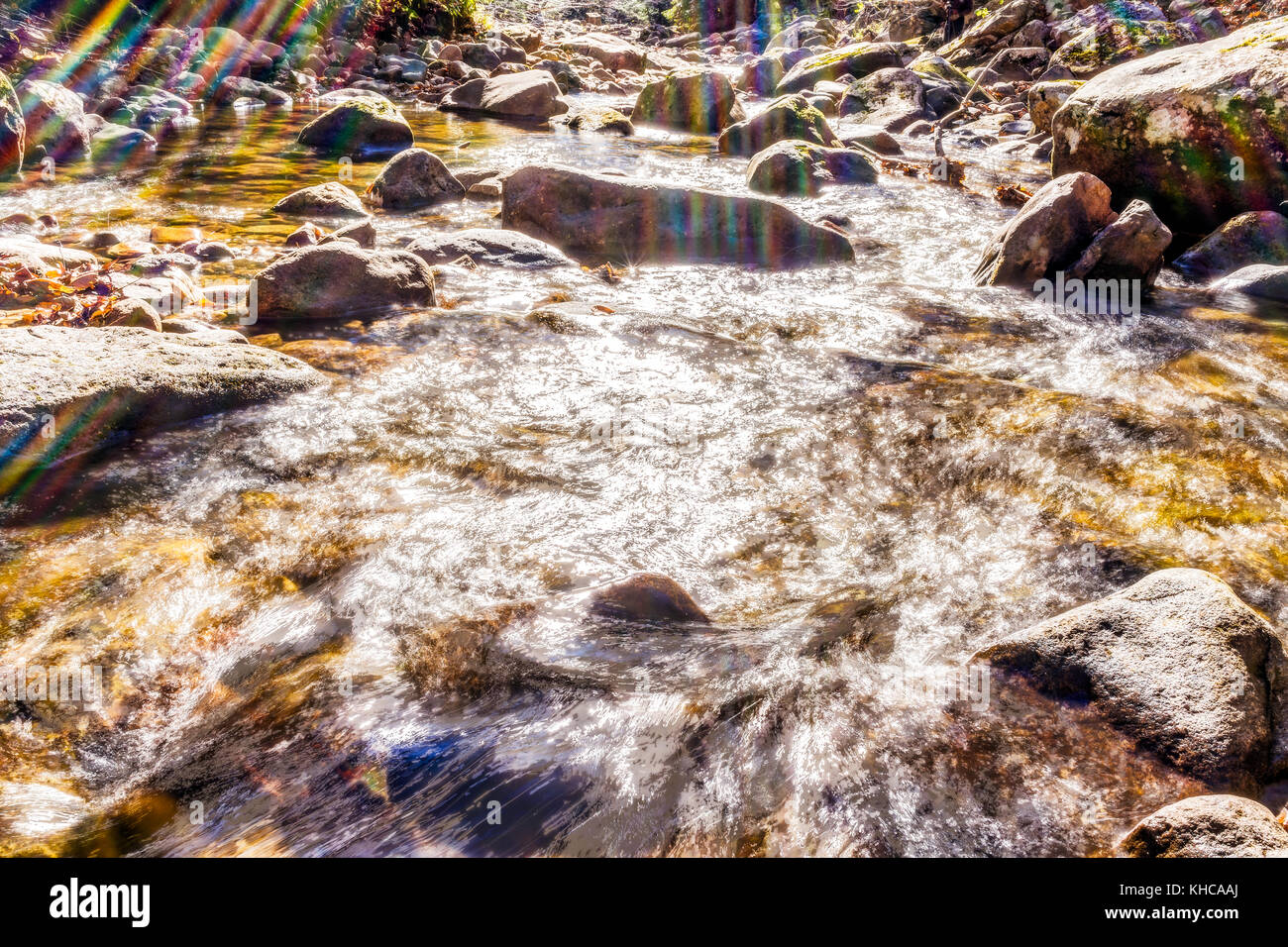 Closeup of shallow rock stream with running water, stones and smooth ...