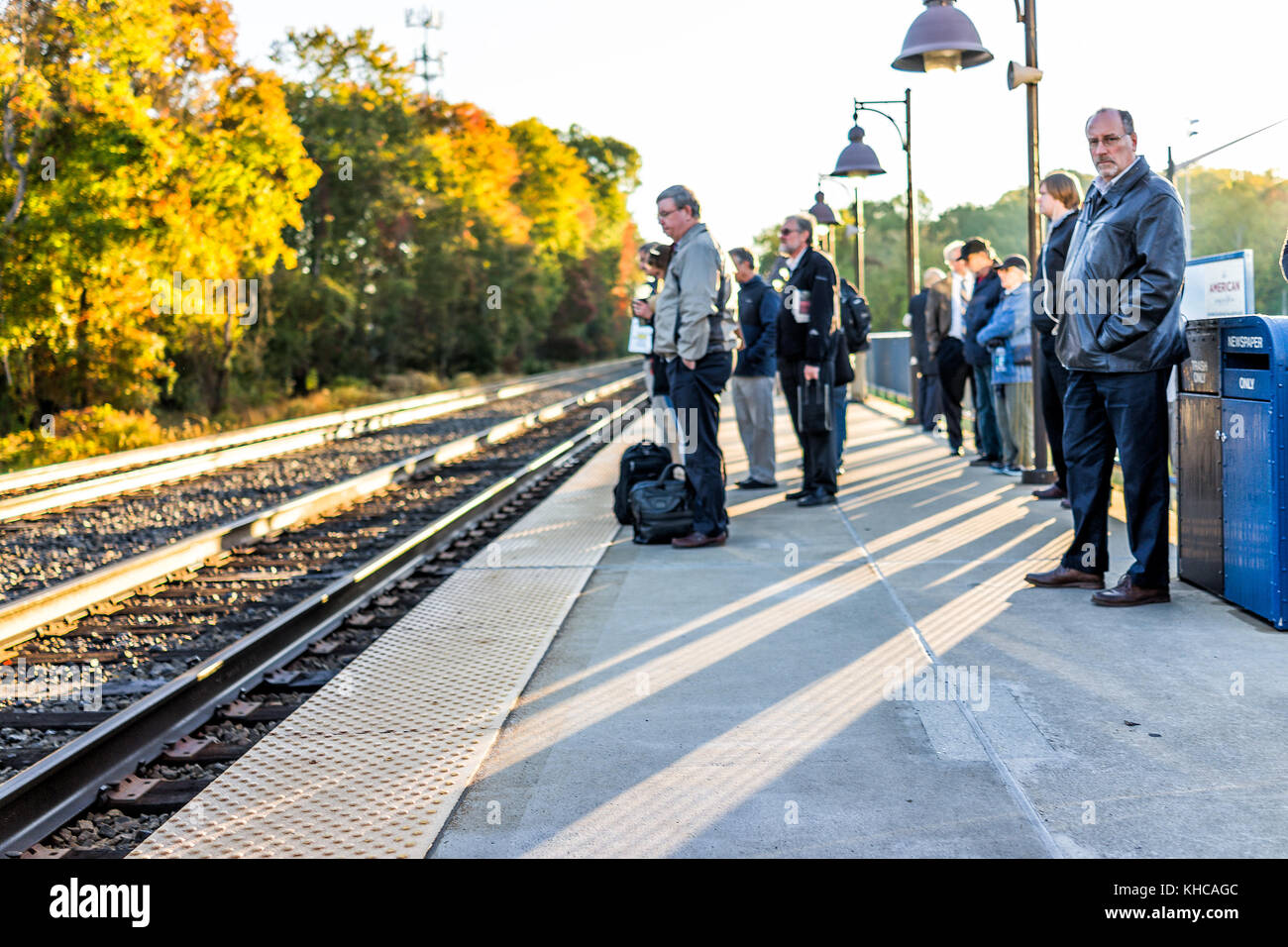 Burke, USA - October 27, 2017: Many people waiting on platform for VRE ...