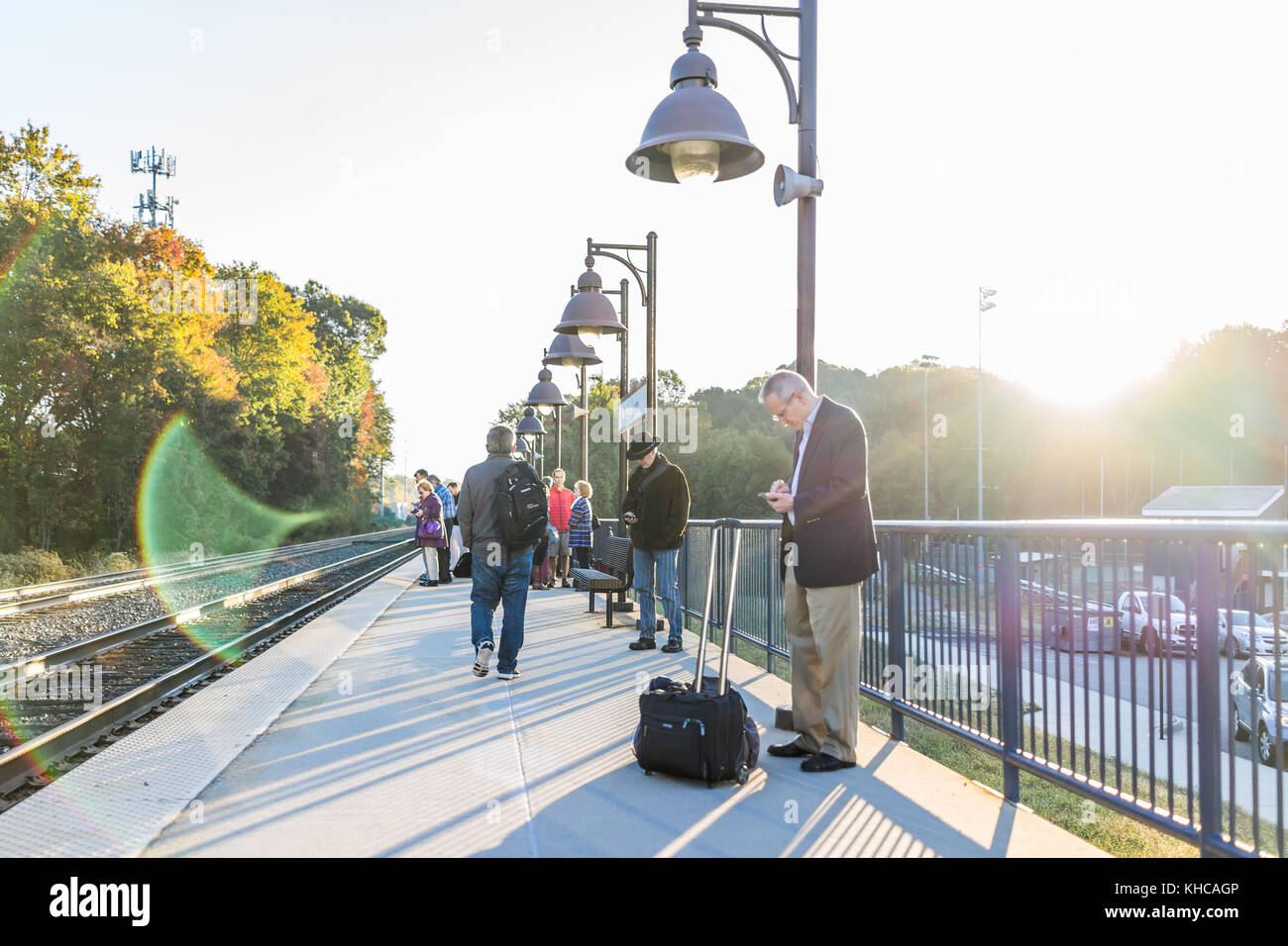 Burke, USA - October 27, 2017: Many people waiting on platform for VRE ...