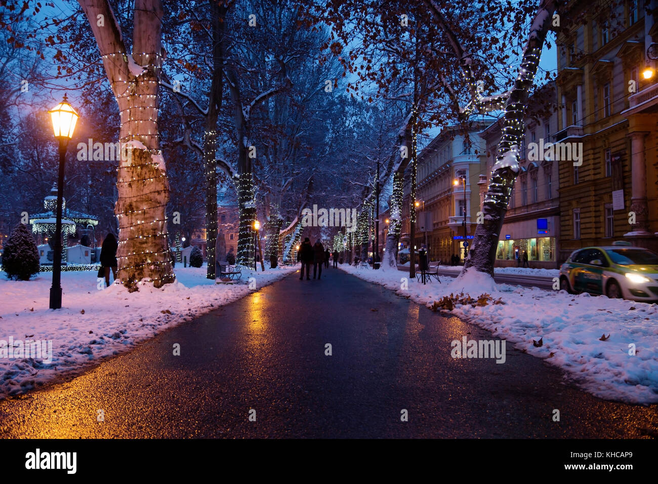 Zagreb, Croatia: January 6 2016: Footpath with decorated lightening ...
