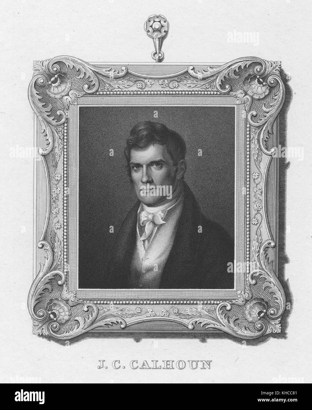 An engraving from a portrait of John Caldwell Calhoun, surrounded by an ...
