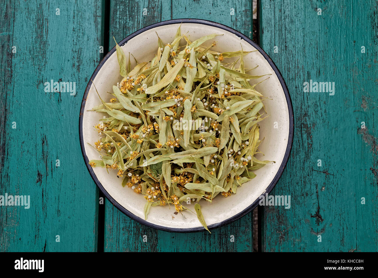 Metal bowl of Lime Linden tree, Tilia leaves and blossom used as a ...
