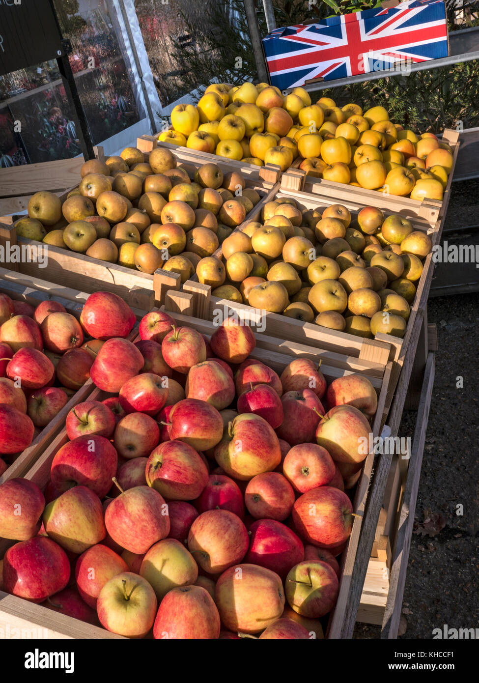 English Apples on sale at Farmers Market stall (L-R) Pinova / Russet ...