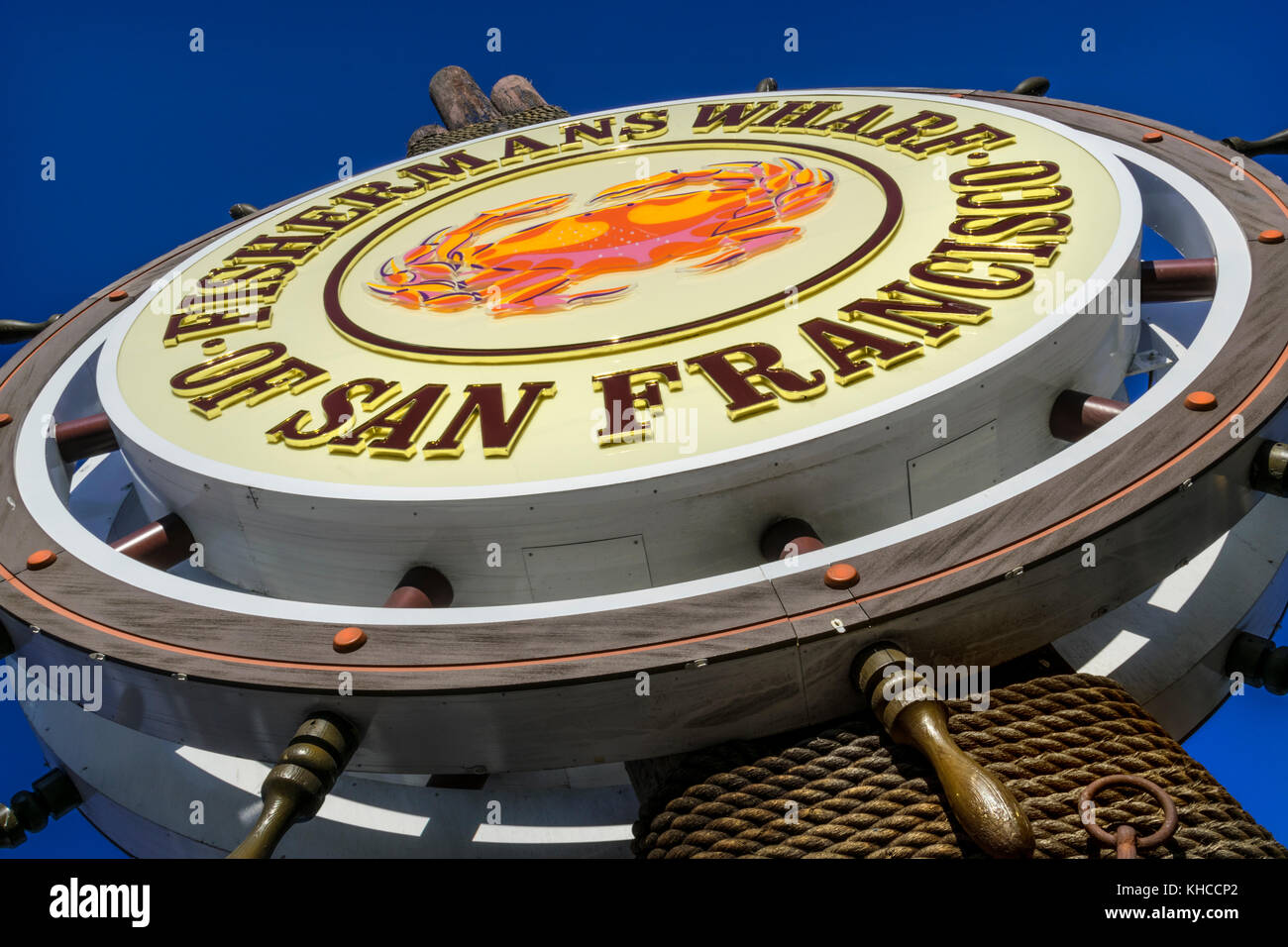 Fisherman's Wharf renowned entrance sign with close perspective view ...