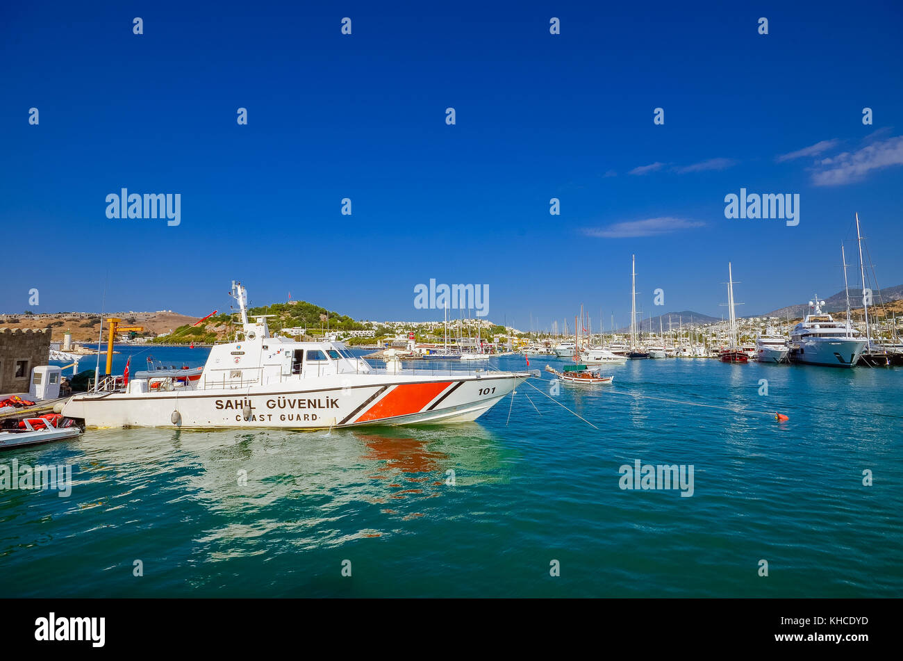 Turkish coast guard ship, docked at the port of Bodrum, Turkey on ...
