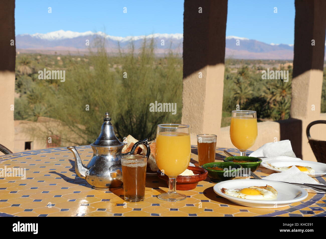 Typical Moroccan breakfast with a view of the Atlas Mountain range in ...