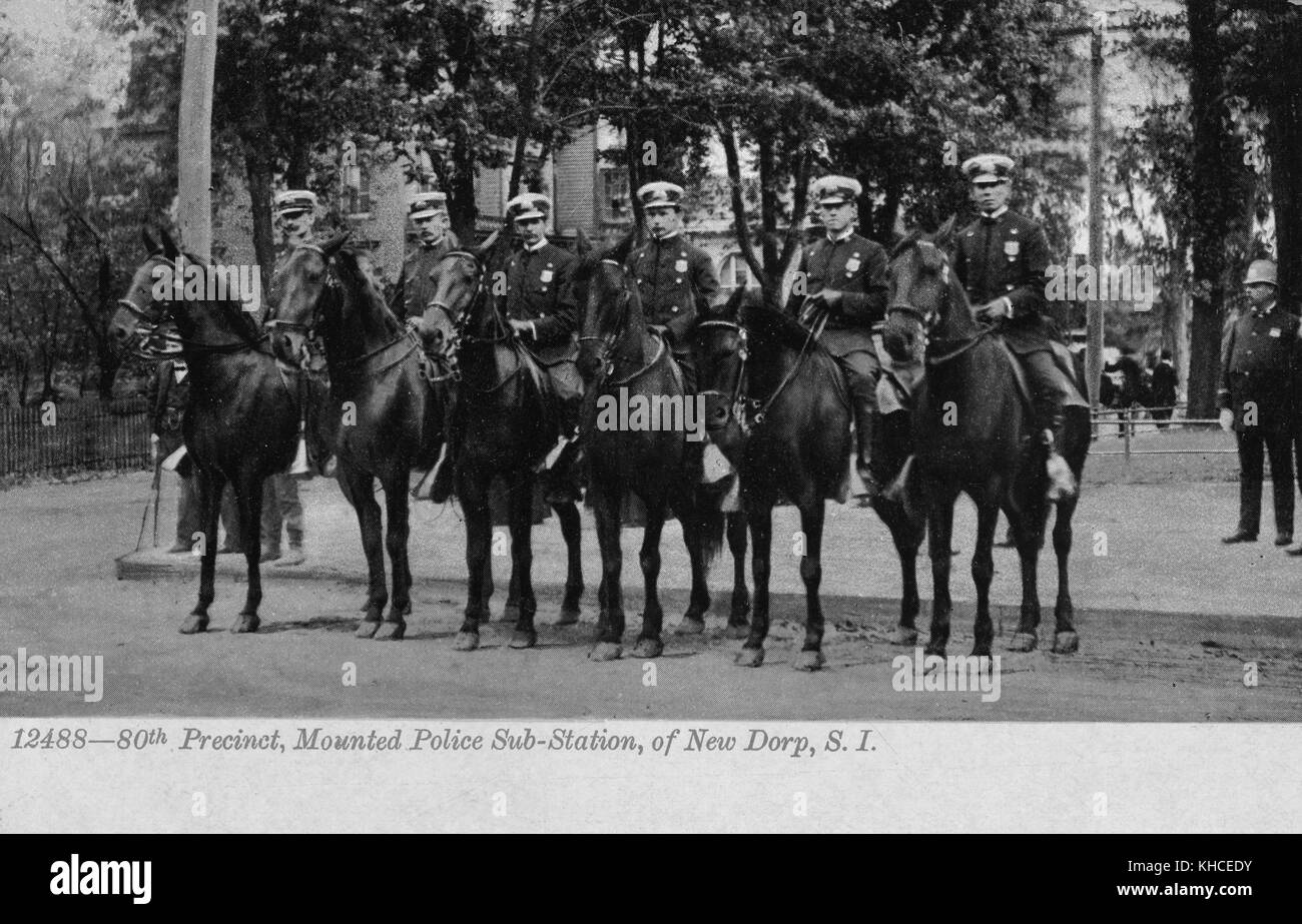 A postcard from a tinted photograph of six police officers on horseback ...