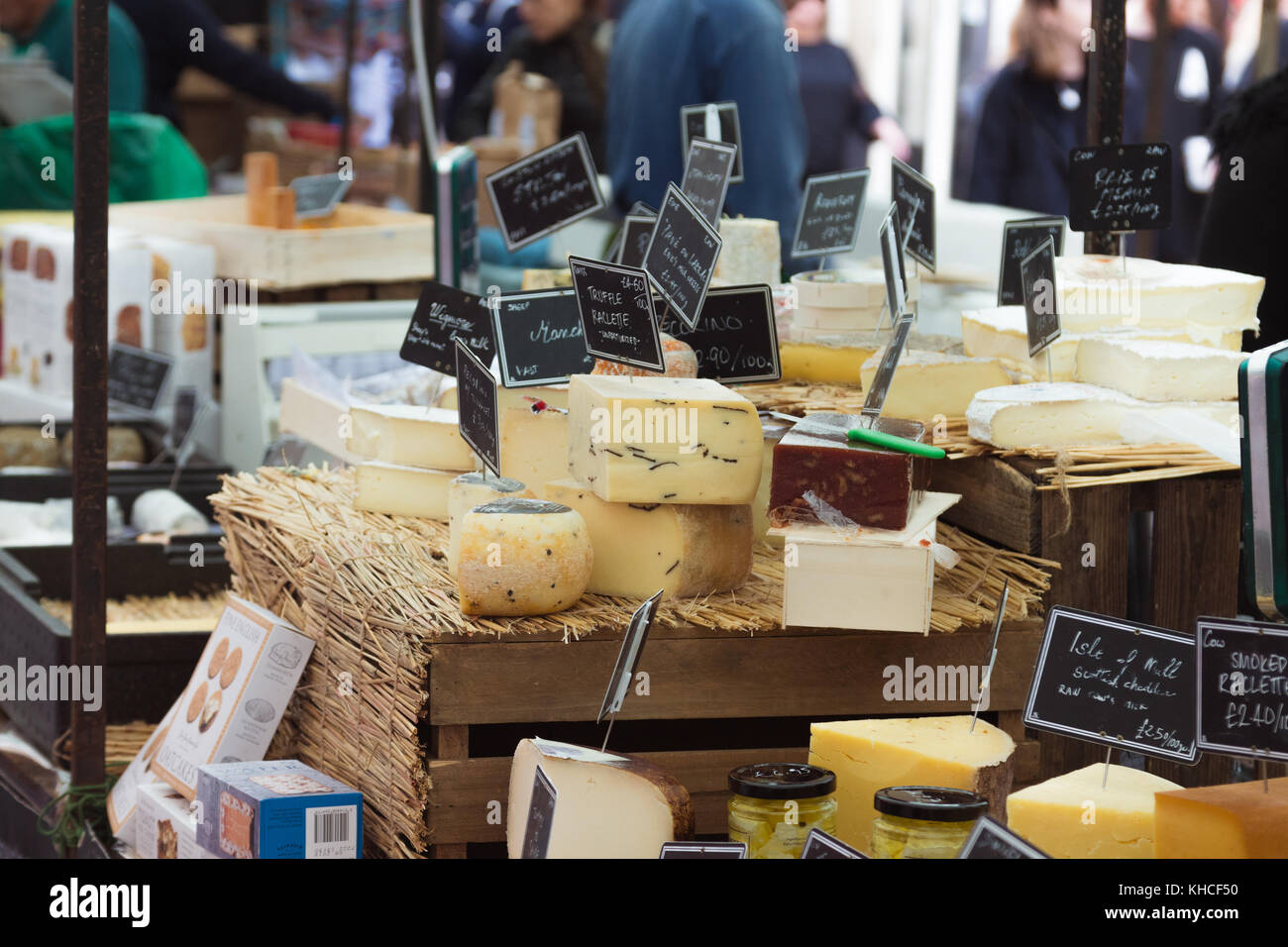 Cheese stall at Broadway Market in Hackney, London. Selection of ...