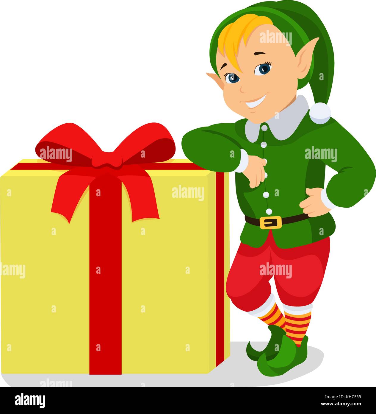 Vector cartoon cute christmas elf with gift box Stock Vector Image ...