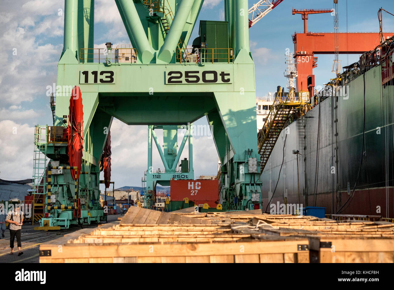 Detailed view of heavy duty lifting dock cranes in dockyard.. Camranh ...