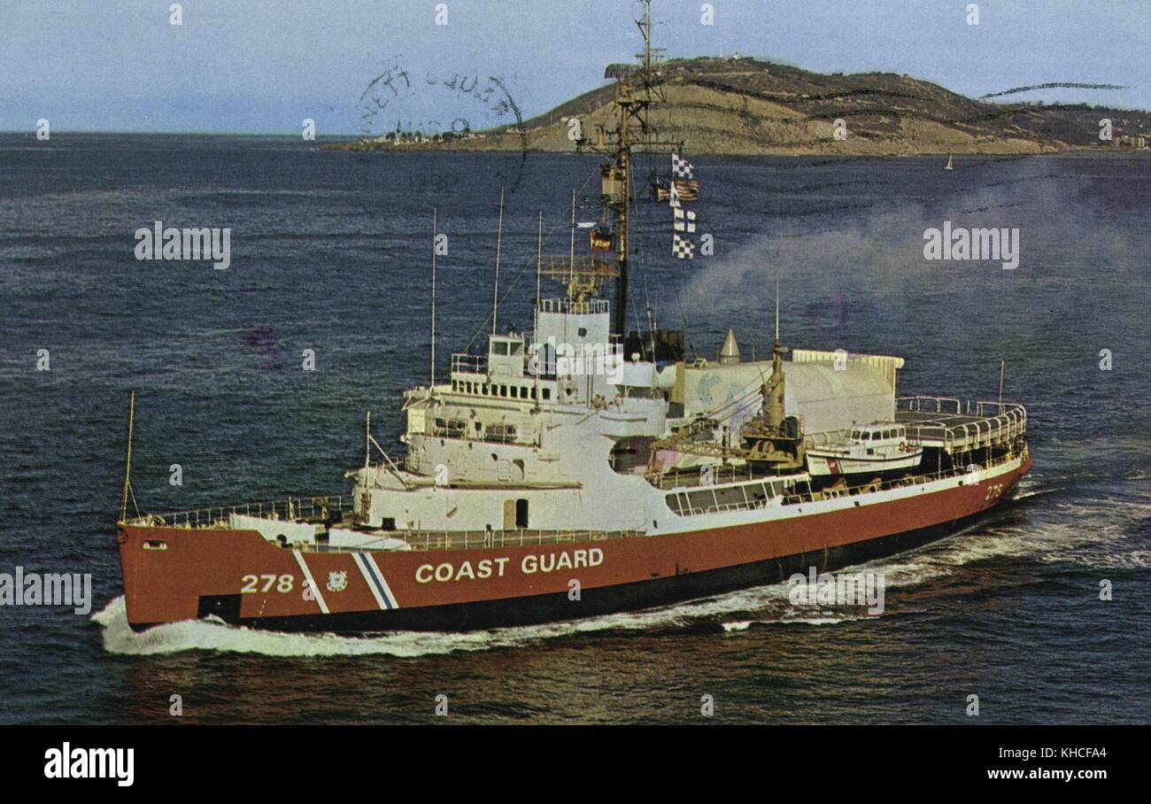 A postcard featuring a photograph of the USCGC Staten Island, a US ...
