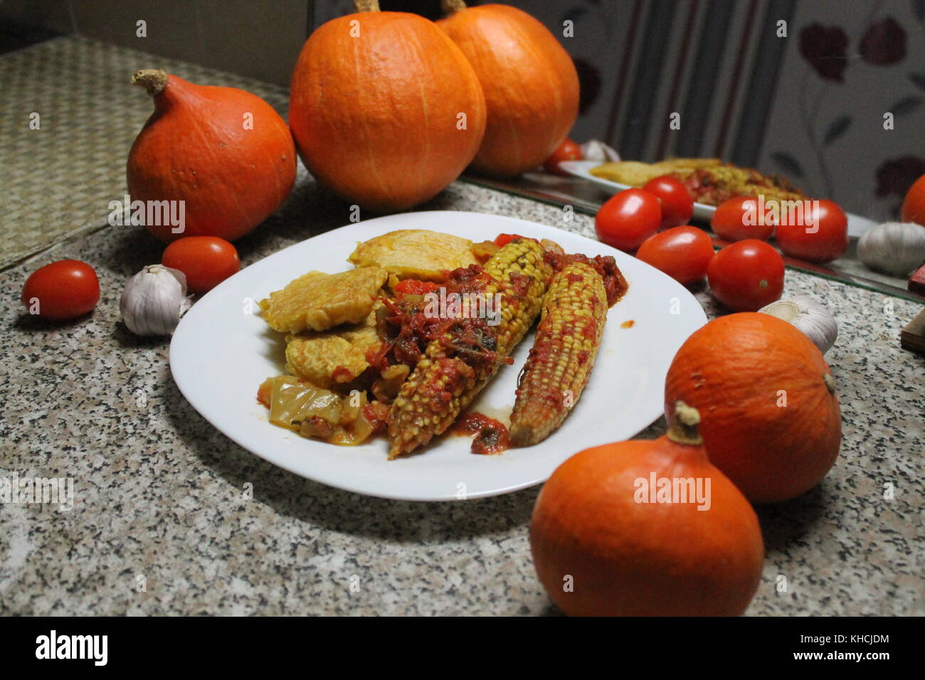 vegetarian pancake from ripe pumpkin with conr and tomato spicy and ...
