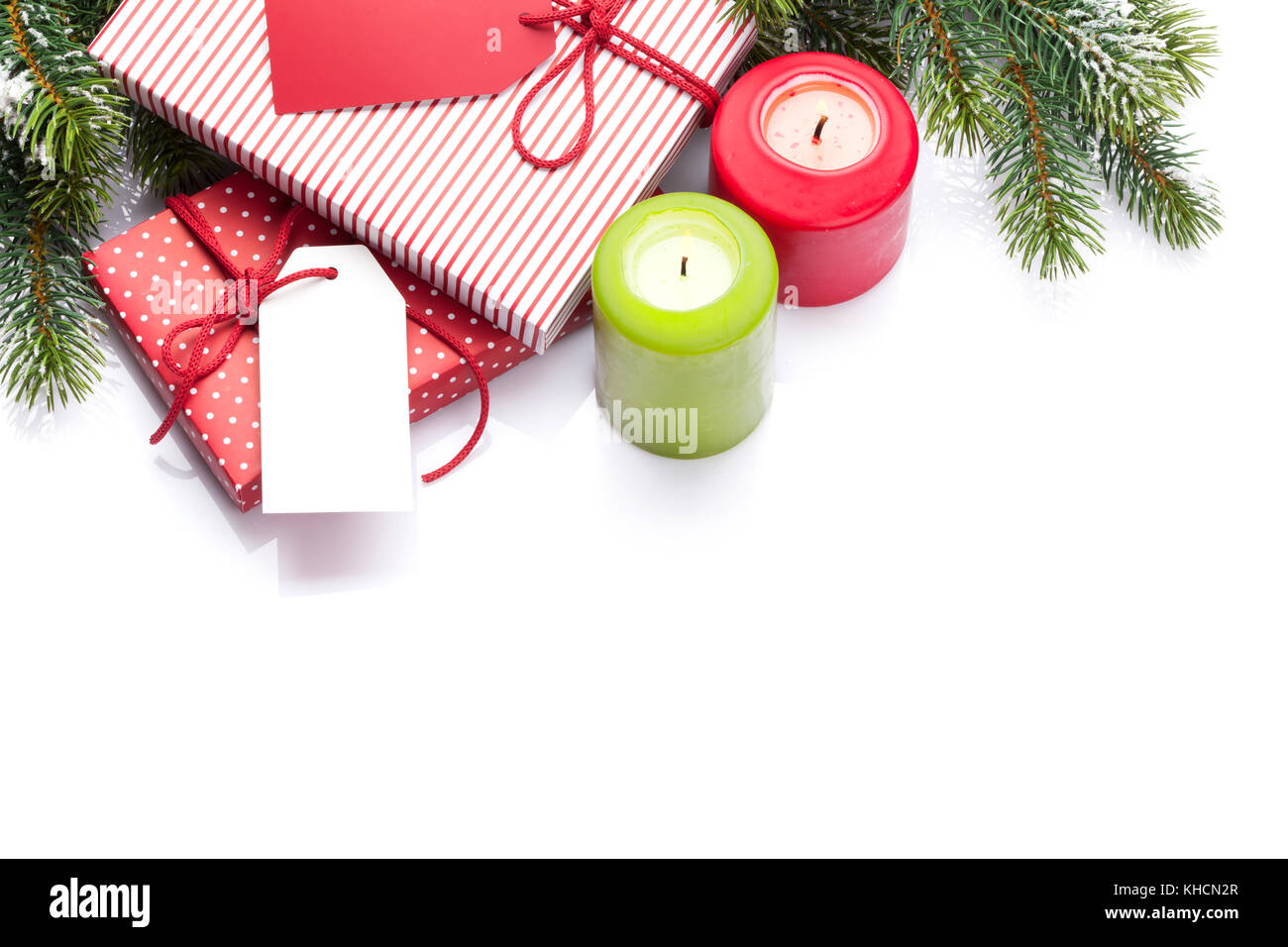 Christmas gift boxes, decor and fir tree. Isolated on white background ...